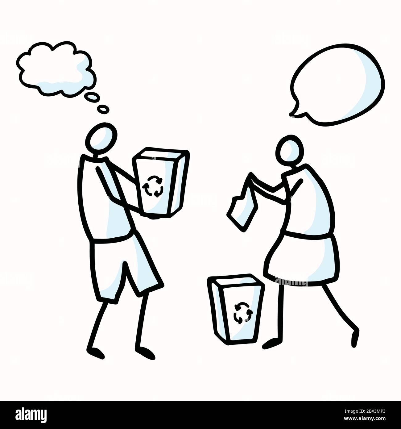 Hand Drawn Stick Figures Trash Collecting with Speech Bubbles. Concept ...