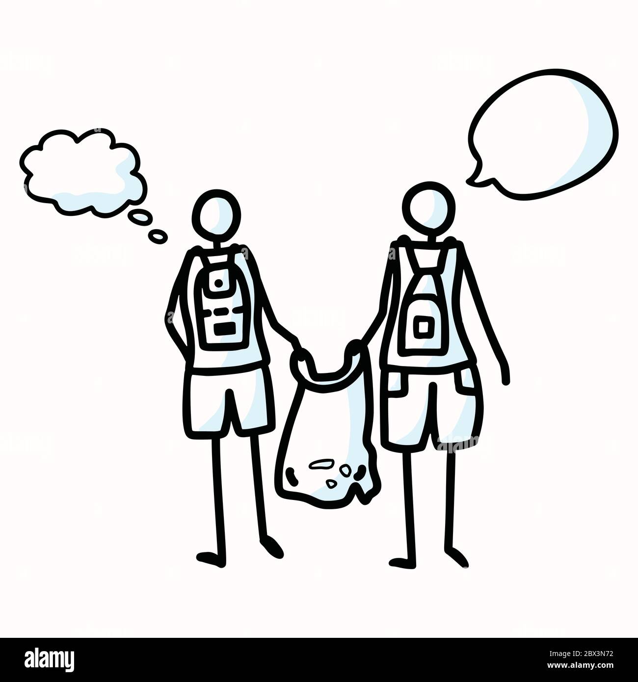 Hand Drawn Stick Figures Trash Collecting with Speech Bubbles. Concept ...