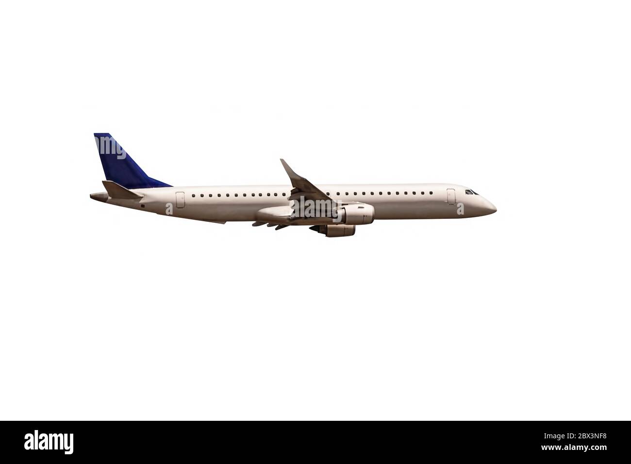 White passenger commercial DAEBC plane side view in flight isolated on ...