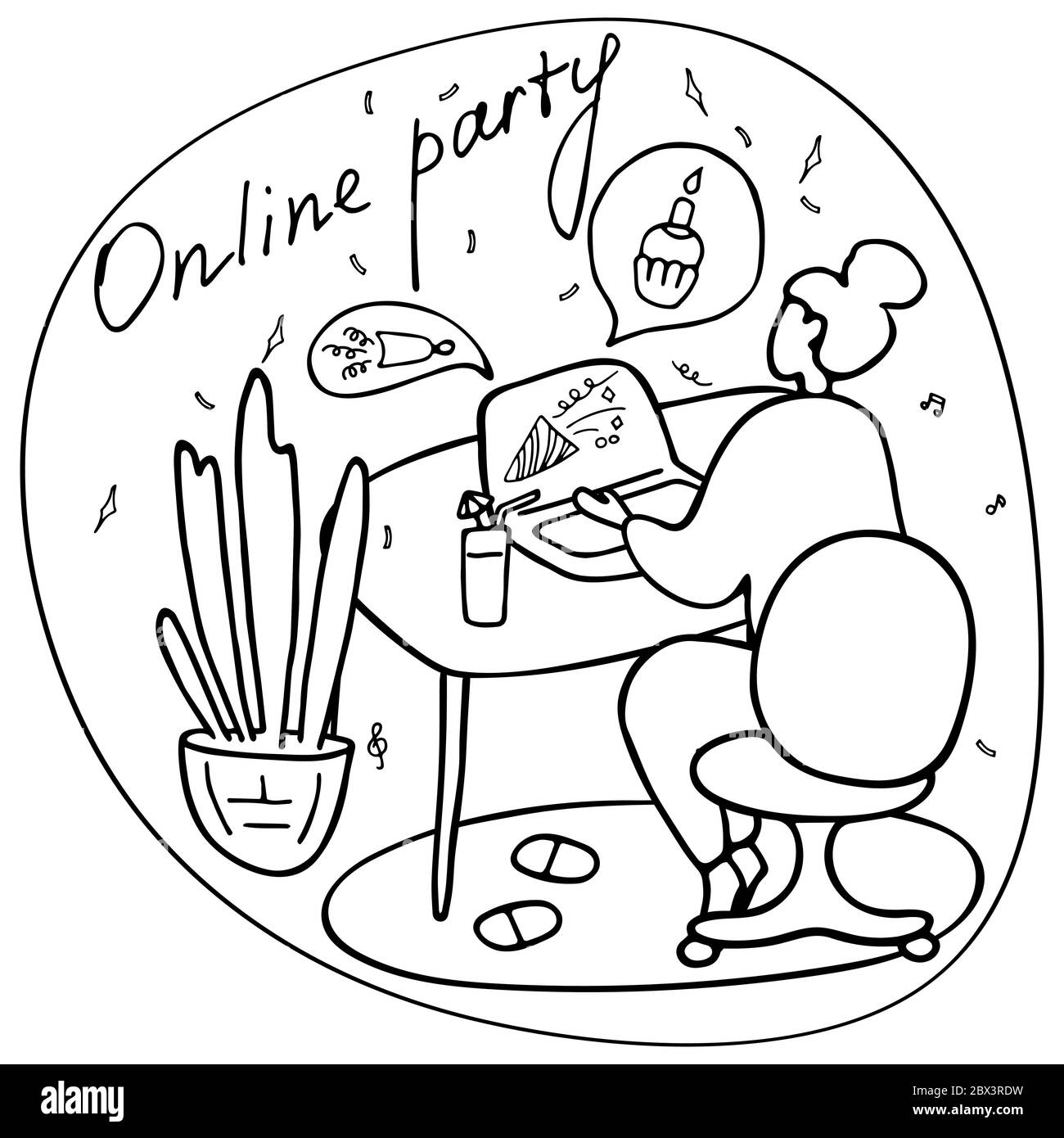 Online party, birthday, virtual meeting friends. Girl sitting in front ...