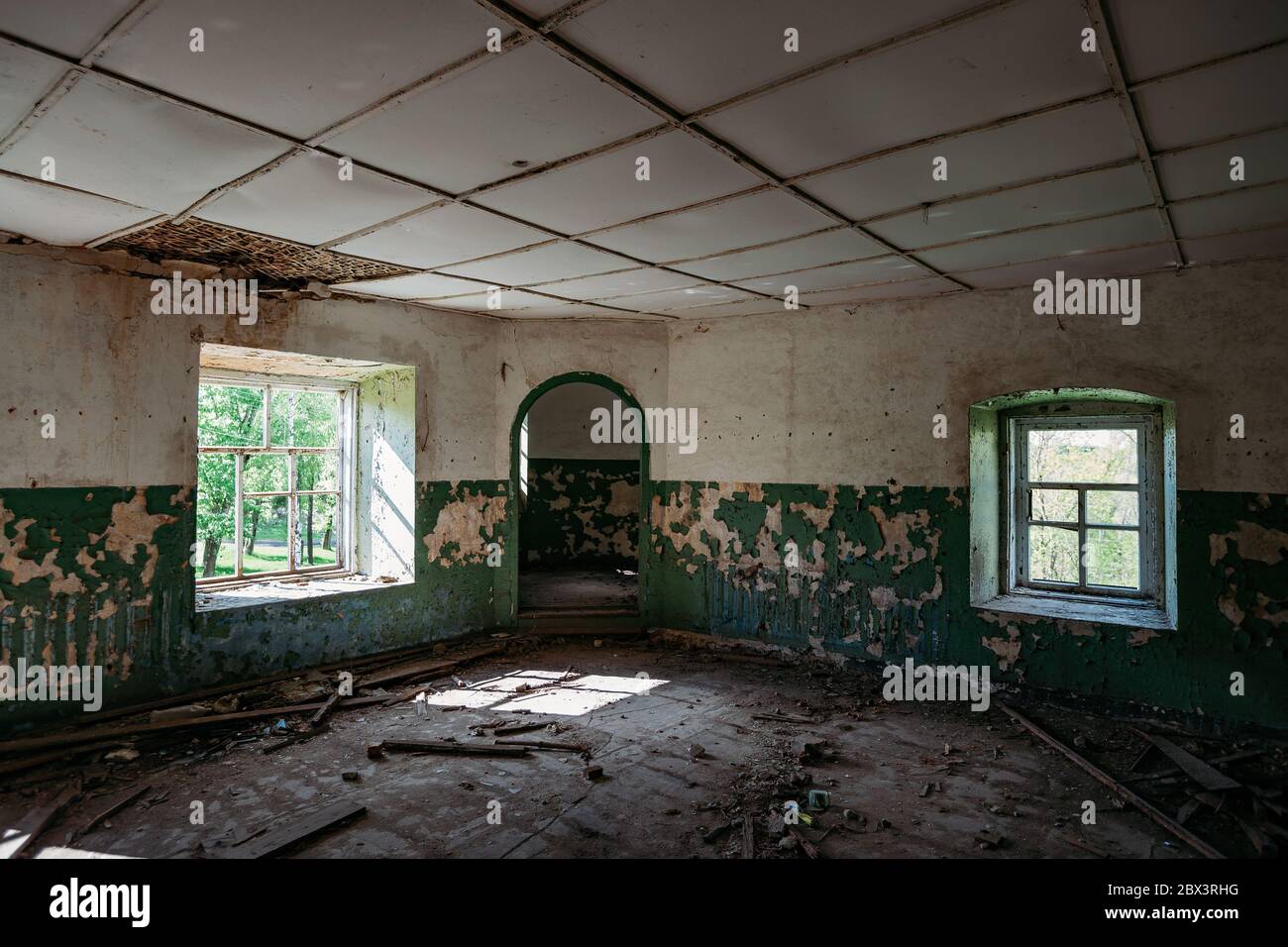 Abandoned house interior, dirty room, rotten peeled walls Stock Photo ...