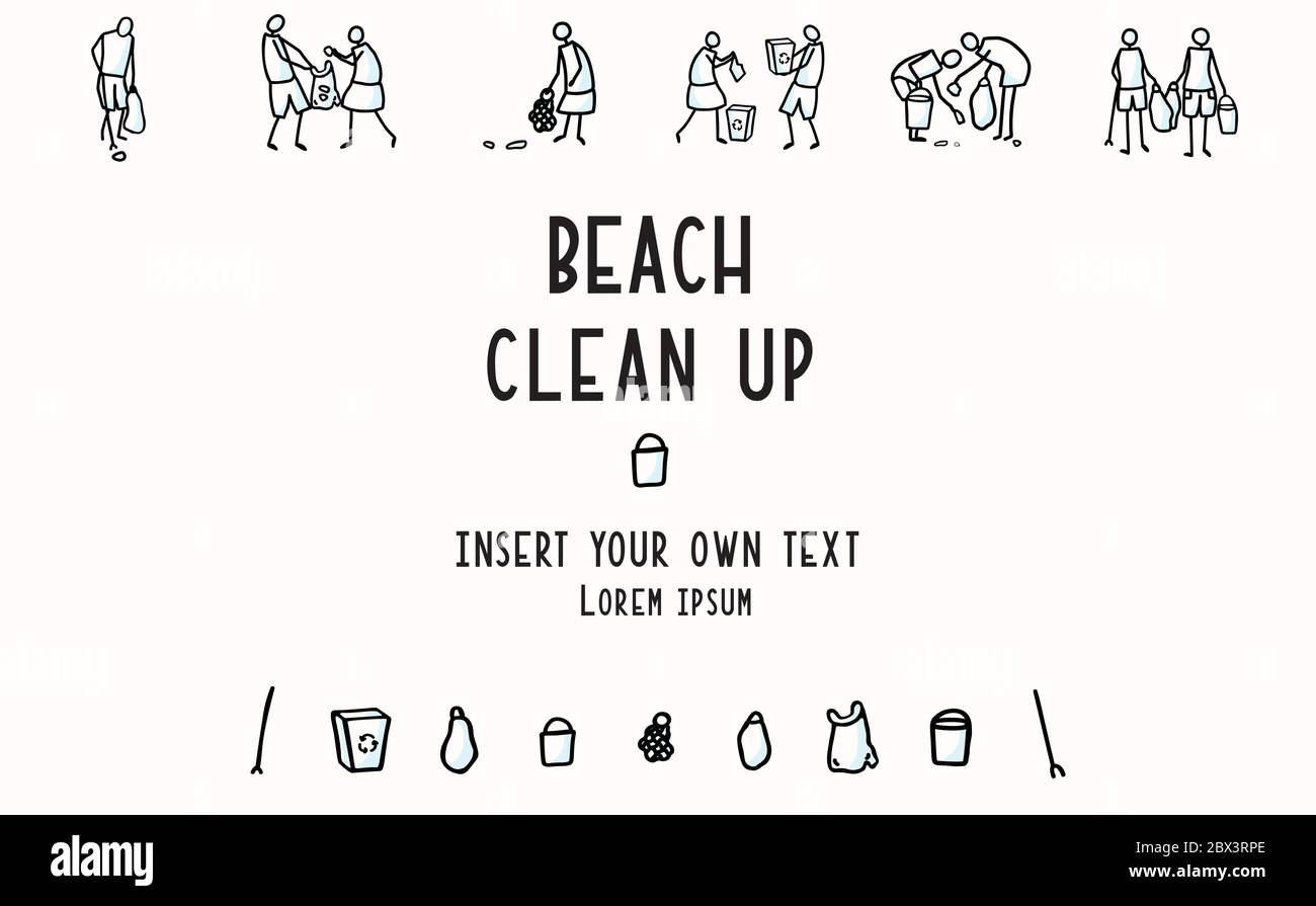 Beach Clean Up Flyer with Stick Figures Trash Collecting. Concept of ...