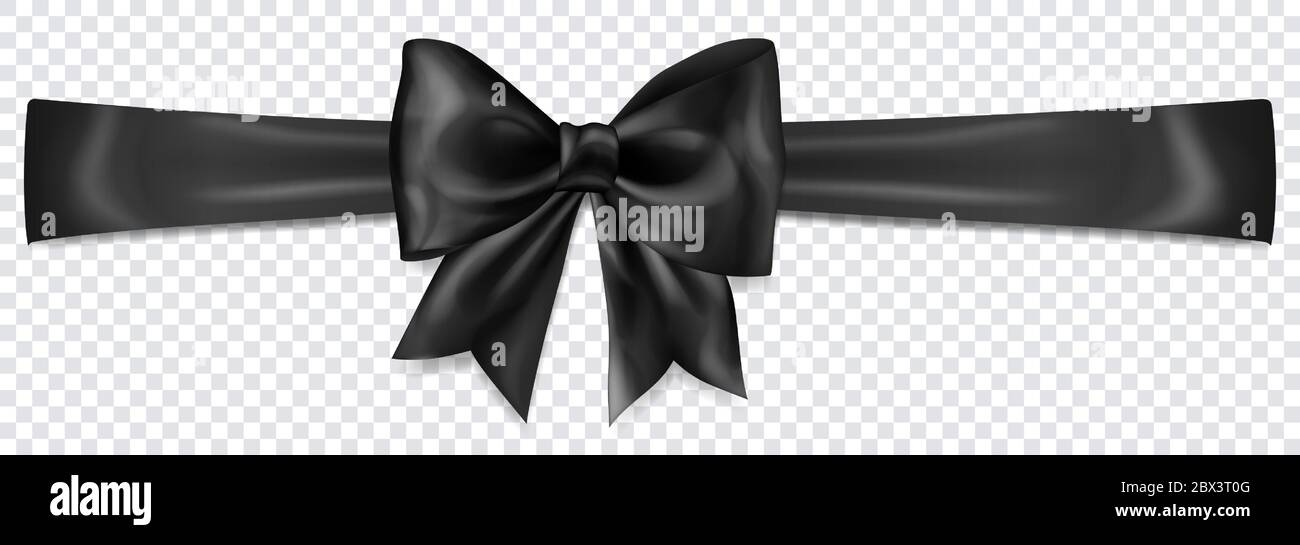 Beautiful black bow with horizontal ribbon with shadow on transparent ...