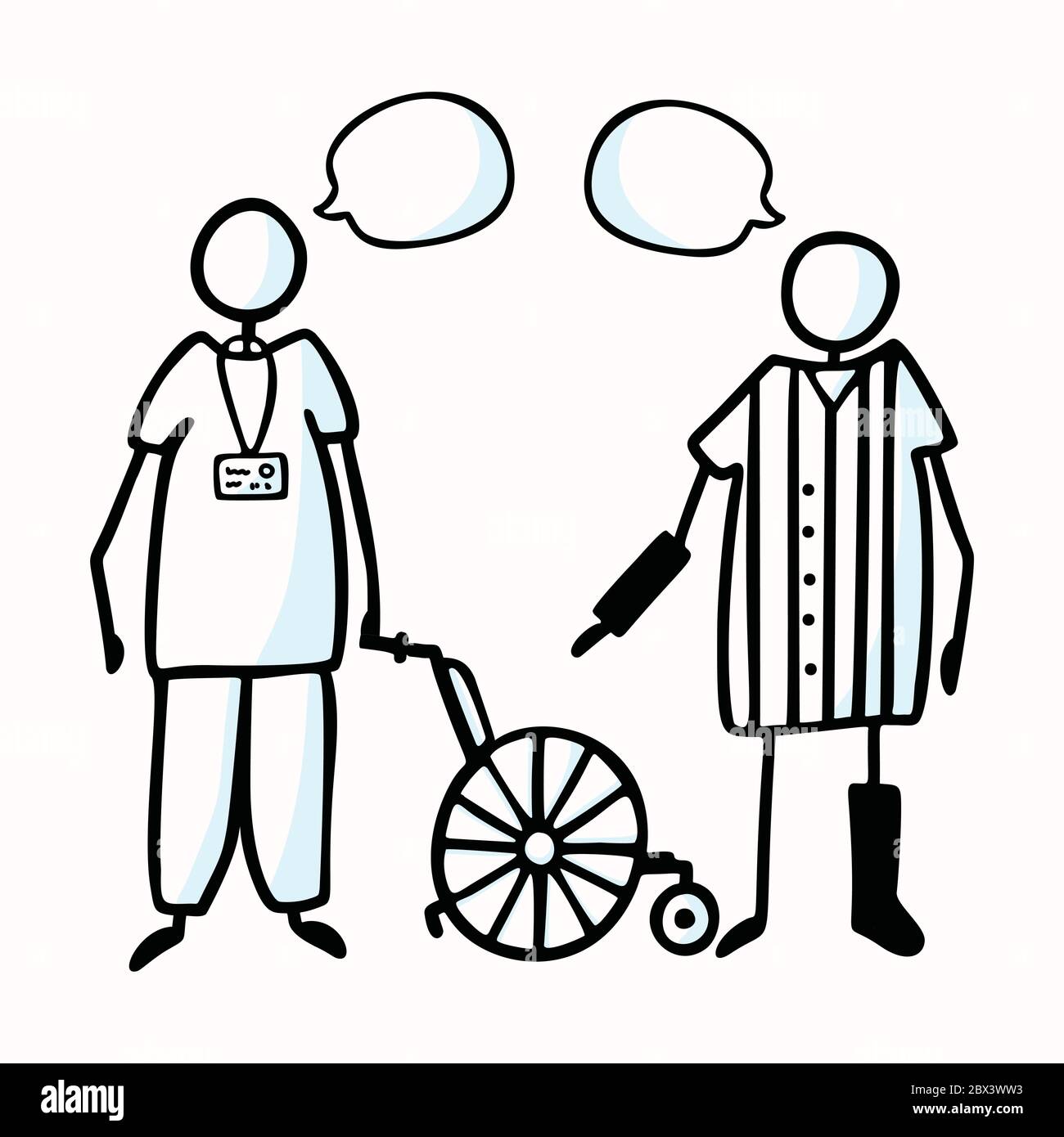 Hand Drawn Stick Figure Orderly & Patient with Broken Leg , Arm in ...