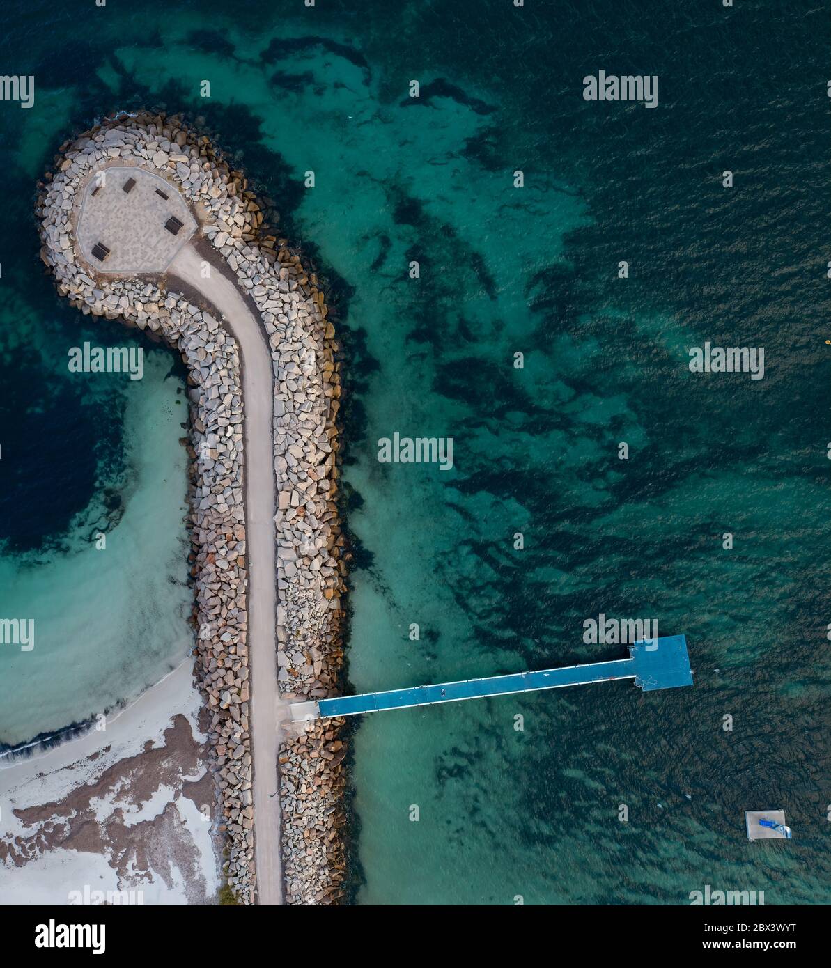 Overhead view of a stone jetty in Esperance Western Australia, with a ...