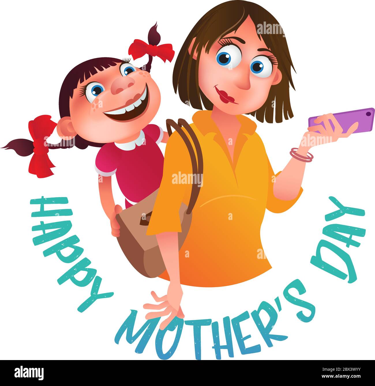 Greeting card to Happy Mother's Day. Mom with phone holding on the back ...