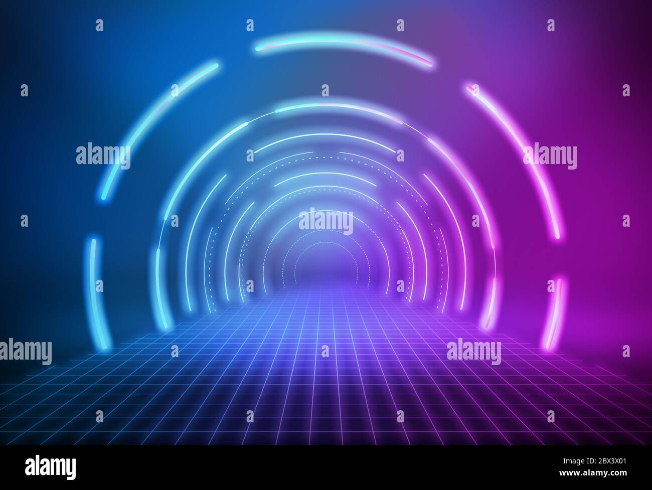 Color tunnel channel space constructed by glowing neon light lines ...