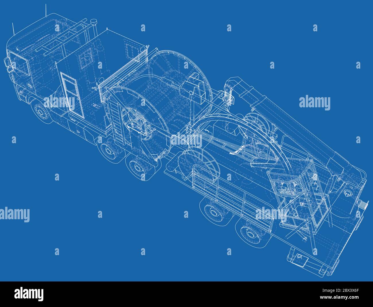 Wire-frame line coiled tubing truck isolated on white. Vector rendering ...