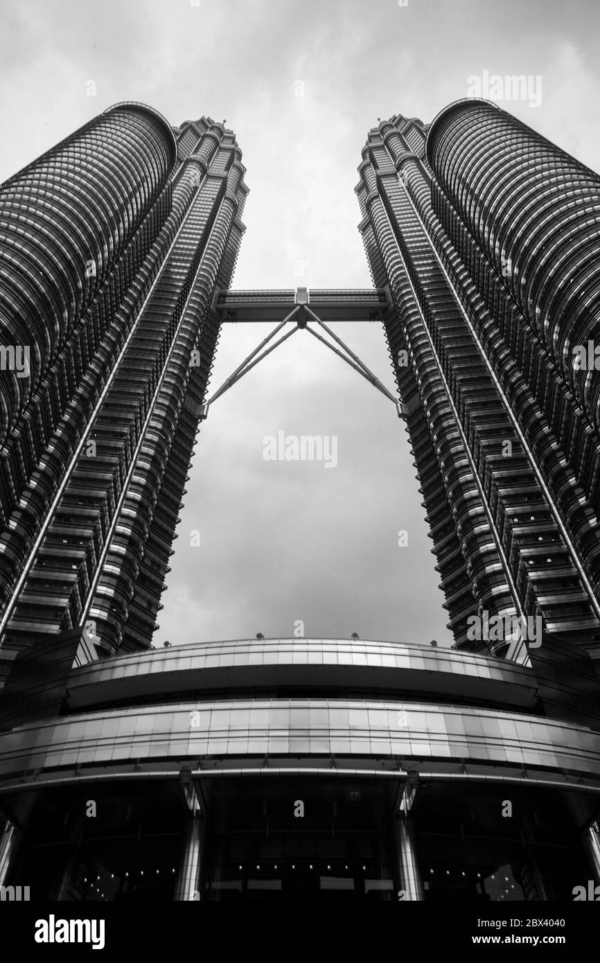 close-up of The Petronas Towers in Kuala Lumpur, Malaysia in black and ...