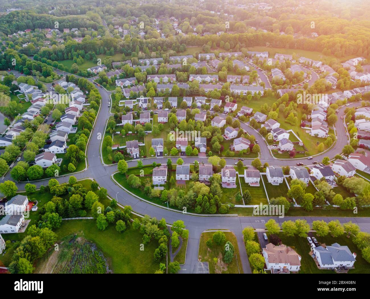 Aerial top view with from flying drone over residential district ...