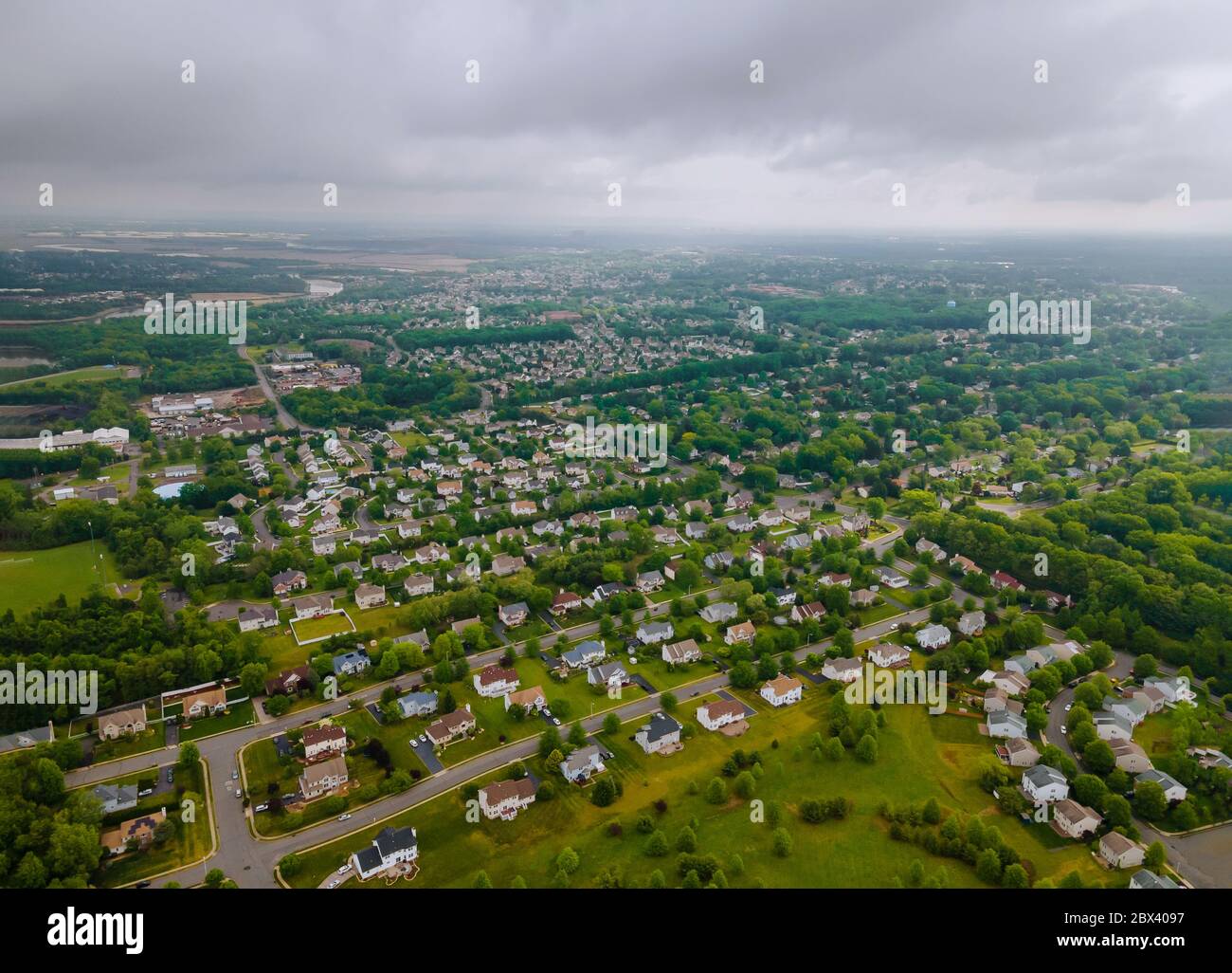 Aerial view of residential district at suburban with mixed new ...