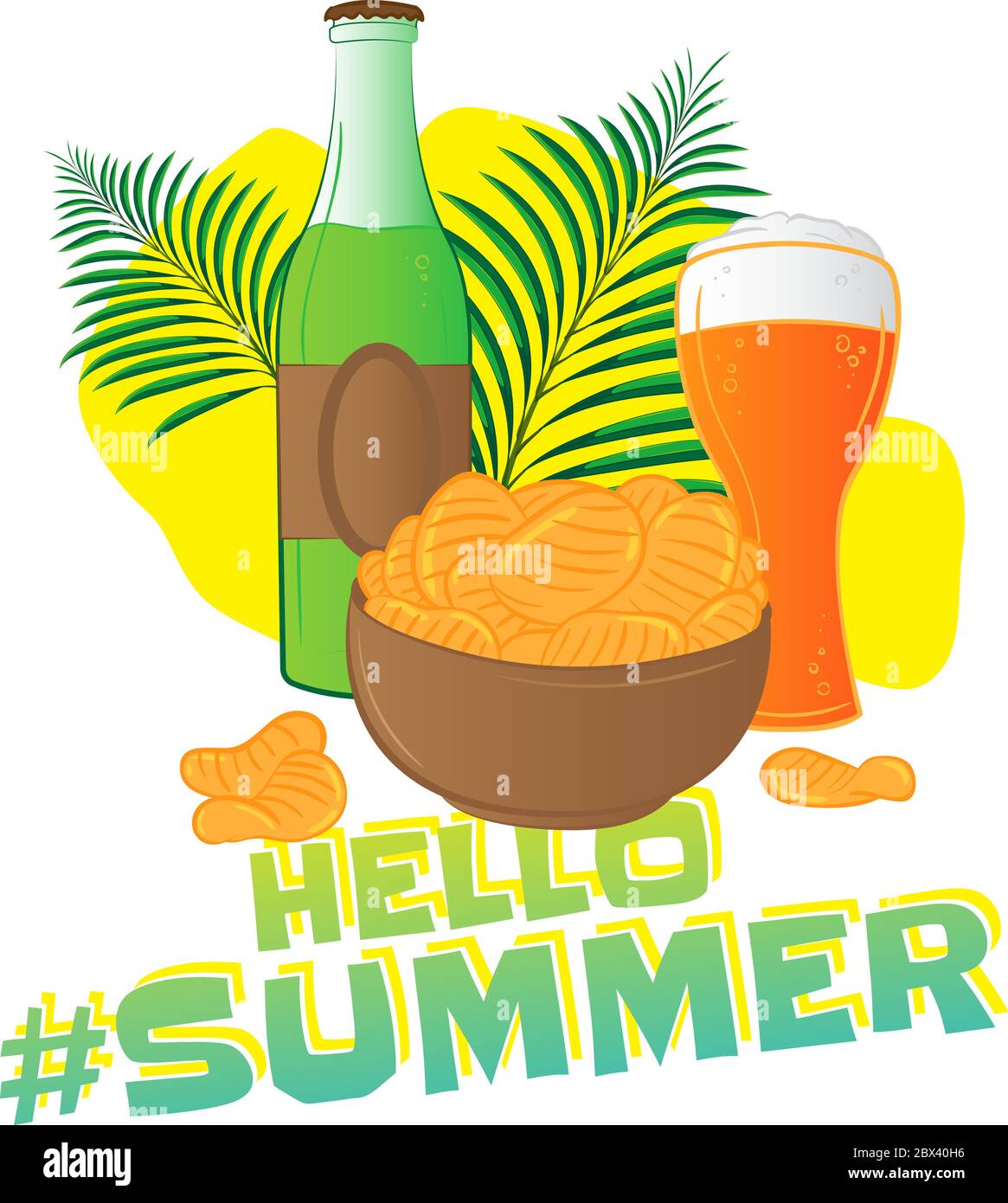 Hello summer popular hashtag. Fast food vector sticker with leaf ...
