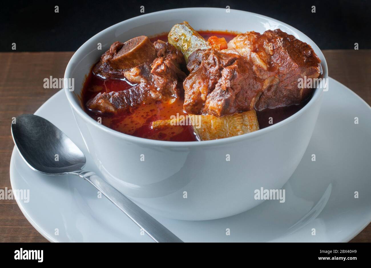 Mexican Food Concept, beef ribs soup in a white bowl, with a spicy ...