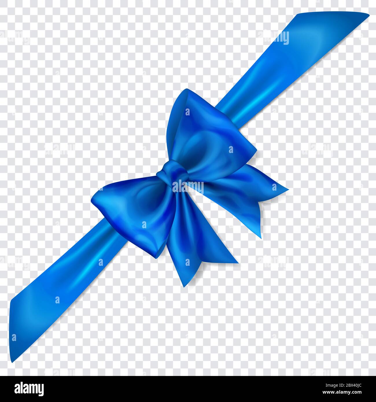 Beautiful blue bow with diagonally ribbon with shadow on transparent ...