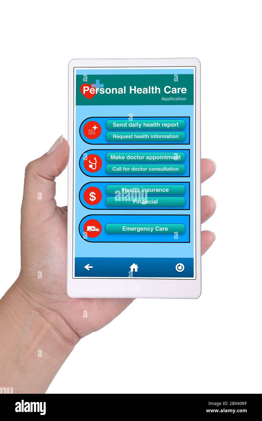 Hand holding smartphone that display personal health care application ...