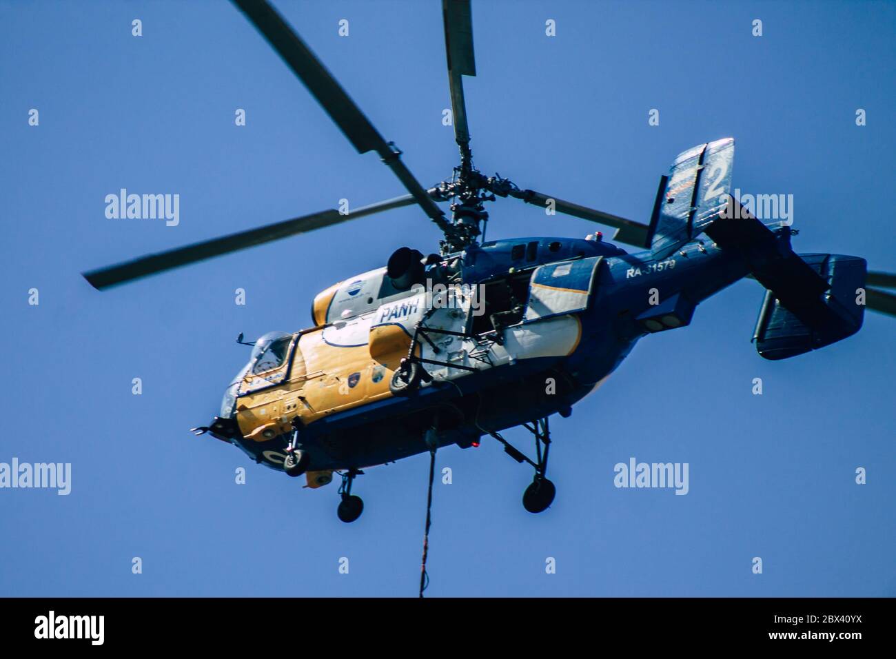 Limassol Cyprus June 04, 2020 View of a water bombing helicopter above ...