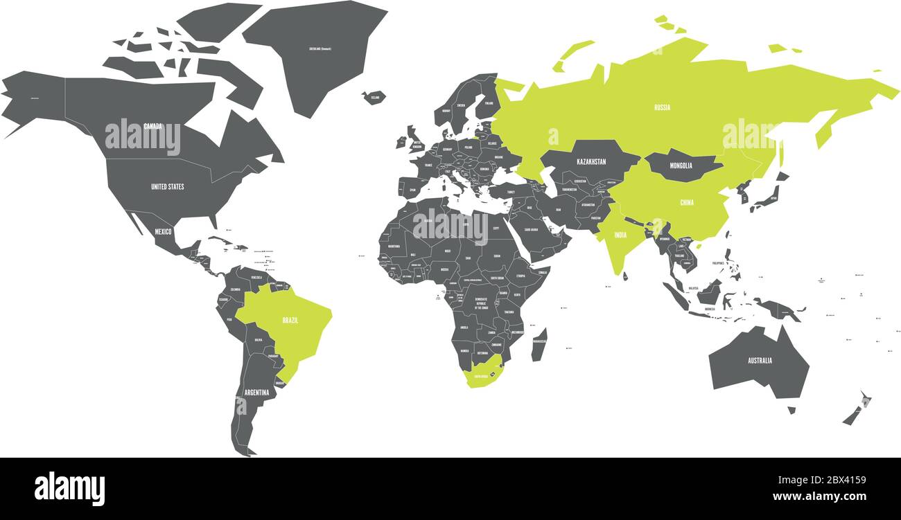 World map with highlighted member countries of BRICS - association of ...