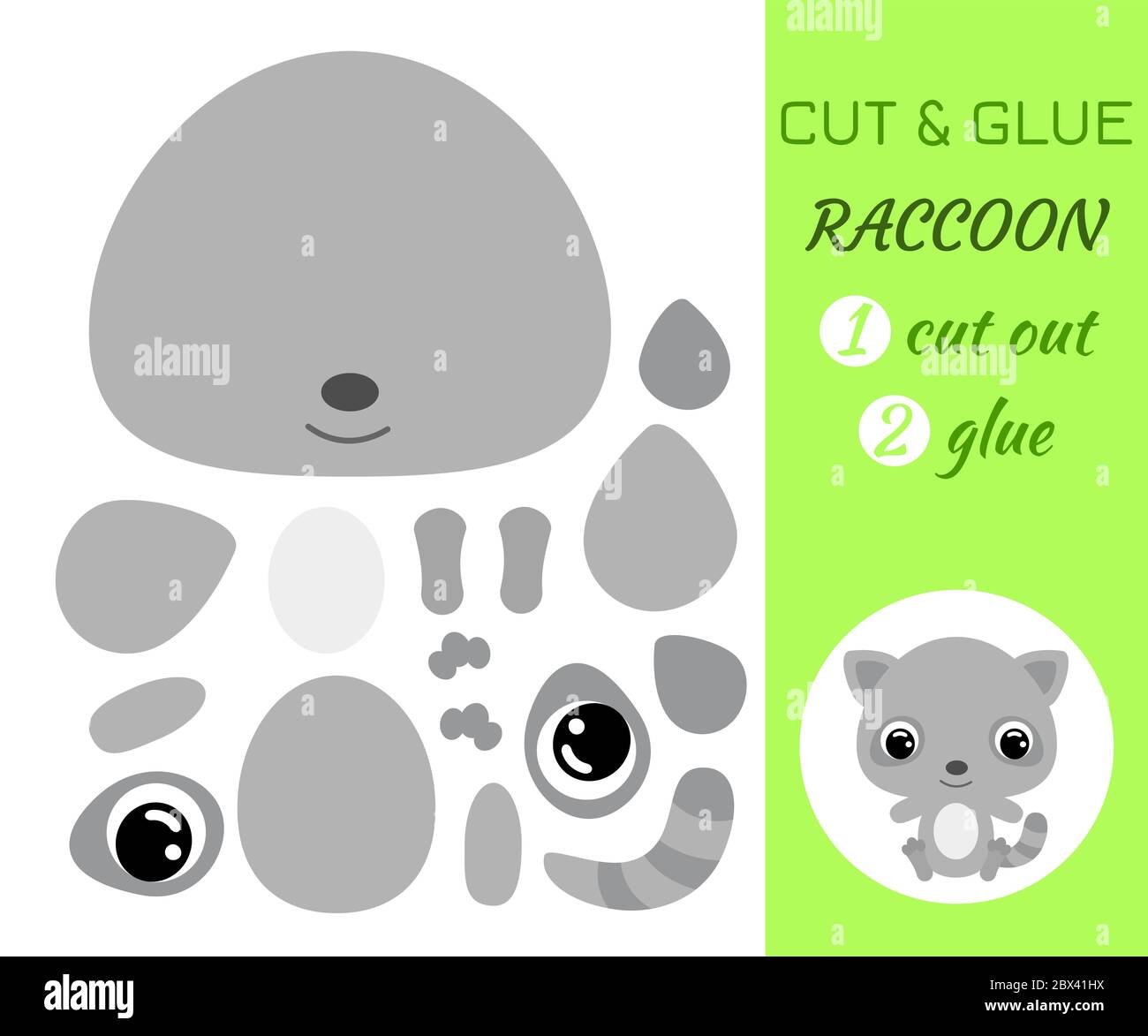 Cut and glue baby sitting raccoon. Color paper application game ...