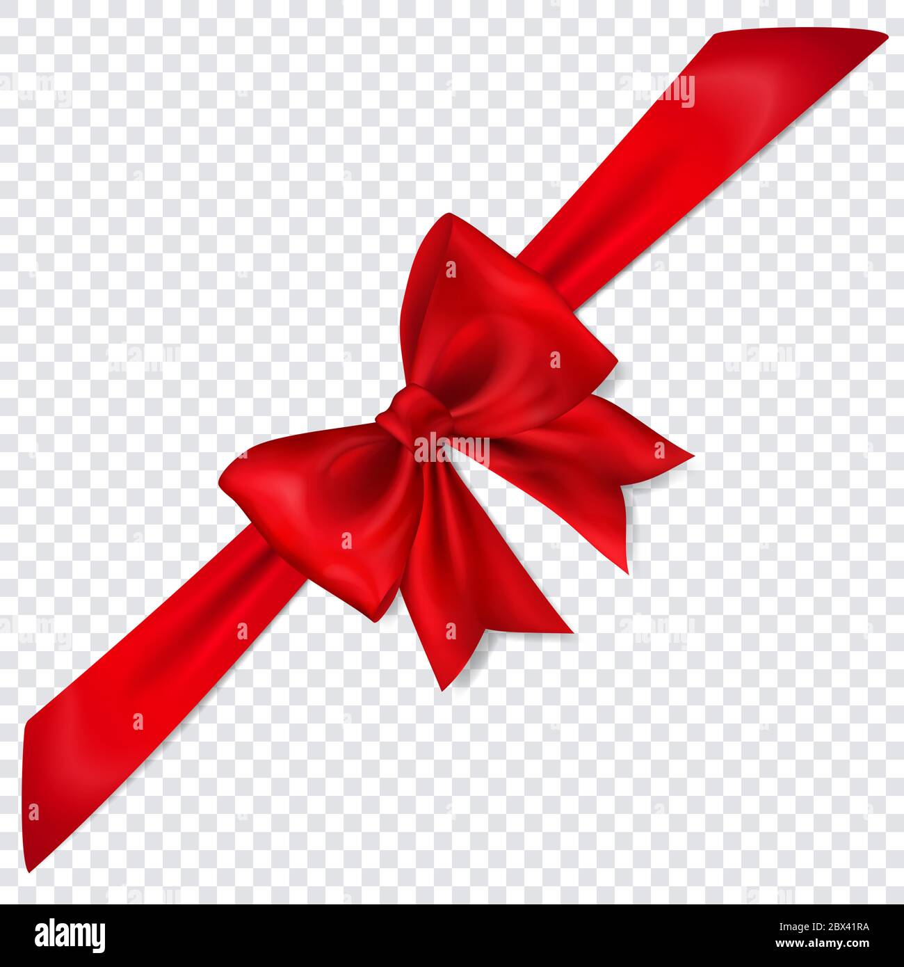 Beautiful red bow with diagonally ribbon with shadow on transparent ...