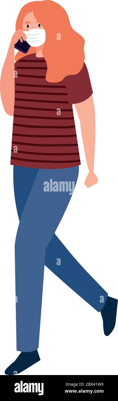 Woman with medical mask holding smartphone vector design Stock Vector ...