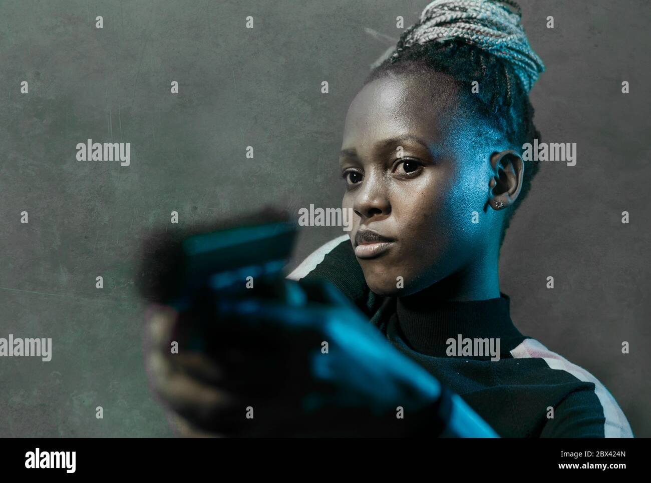 Hollywood movie style portrait of young attractive and confident black ...