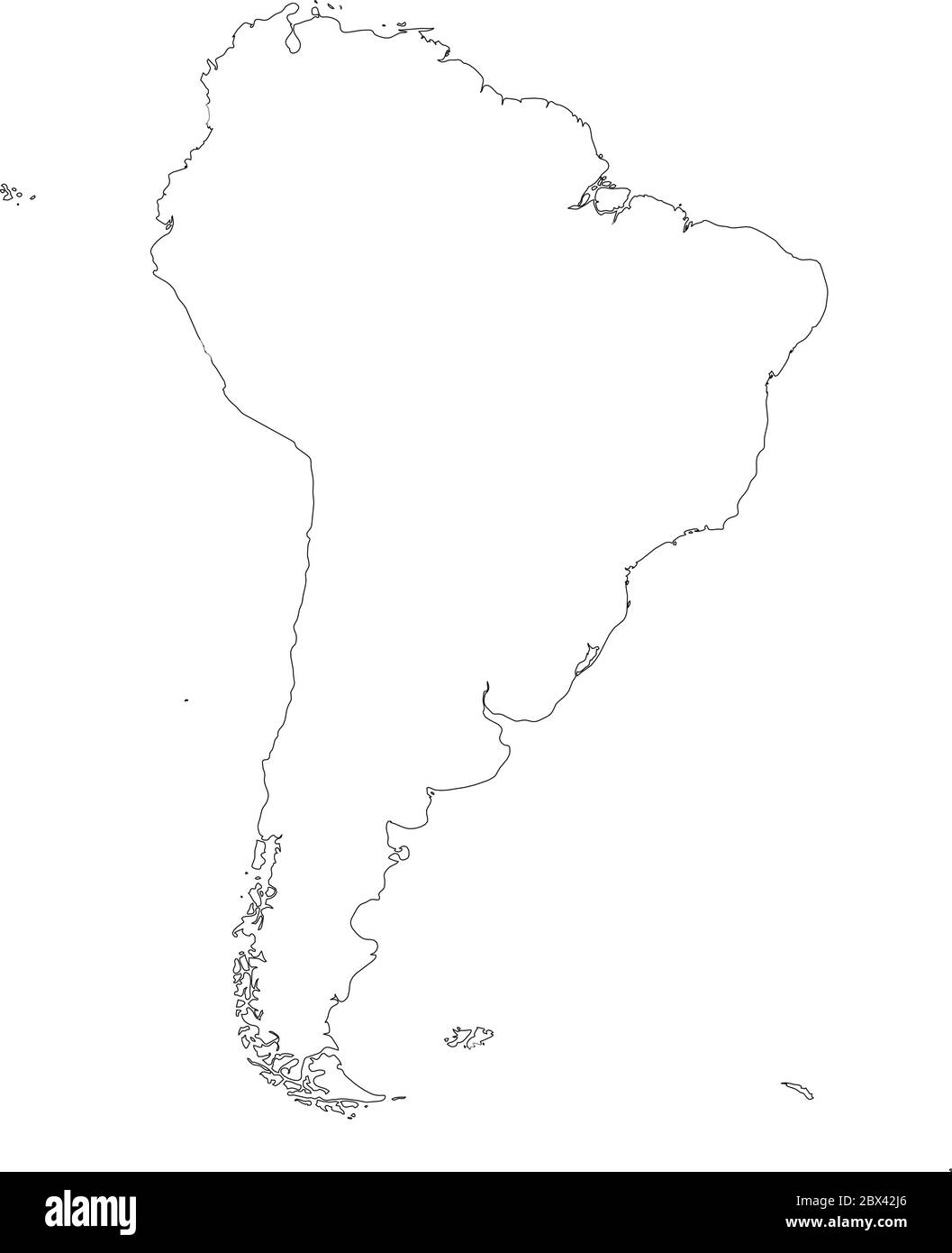 South America thin black outline map. Contour map of continent. Simple ...