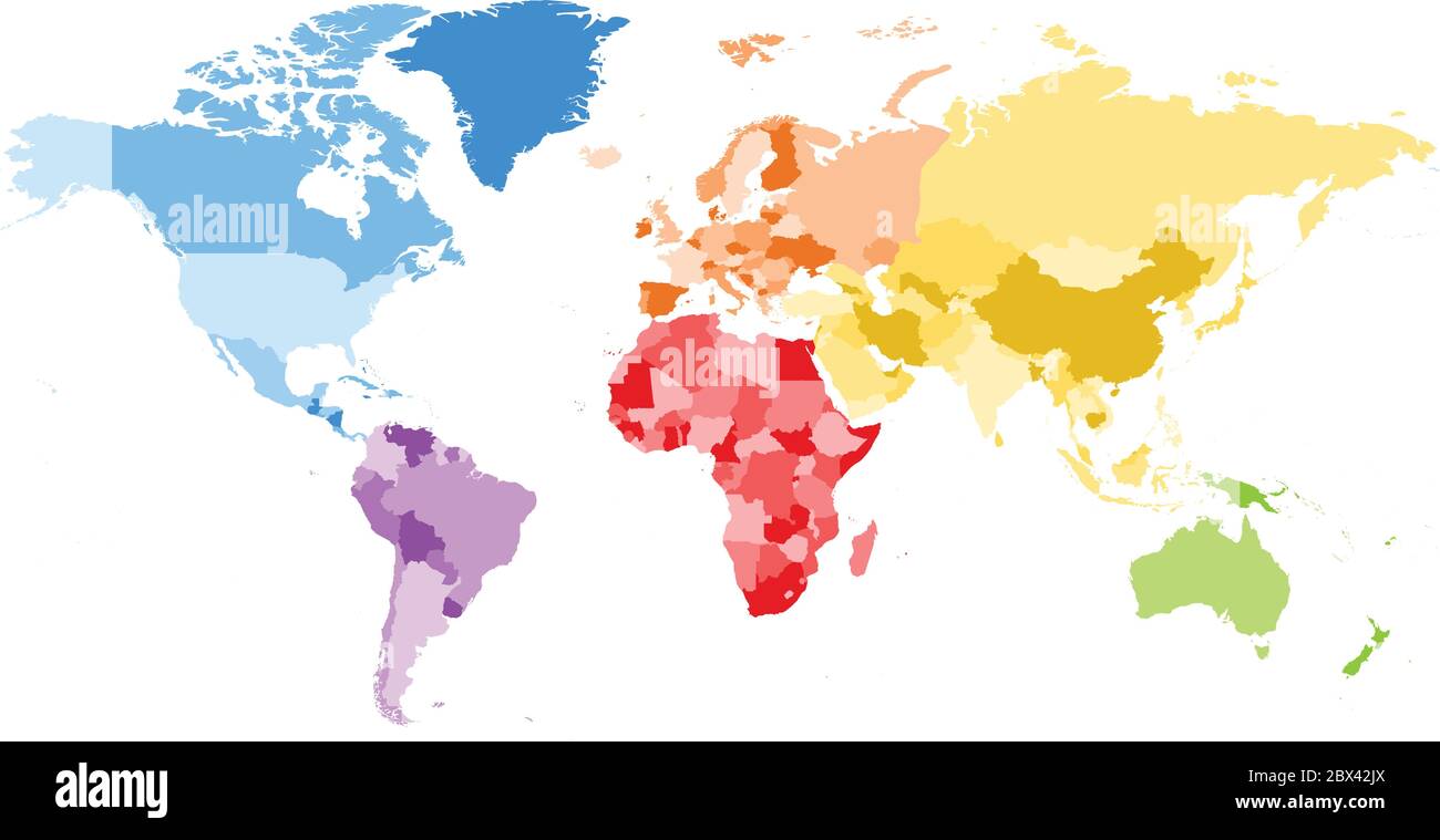 Colorful vector map of World. Different colors of each continent Stock ...
