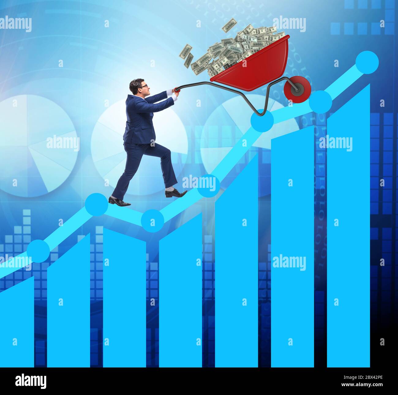 The businessman pushing wheelbarrow full of dollar money Stock Photo ...