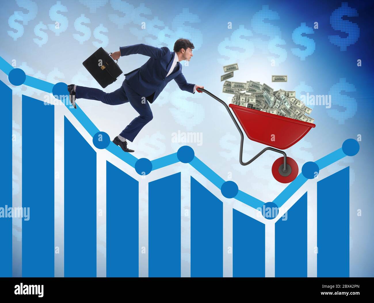 The businessman pushing money wheelbarrow down the chart Stock Photo ...