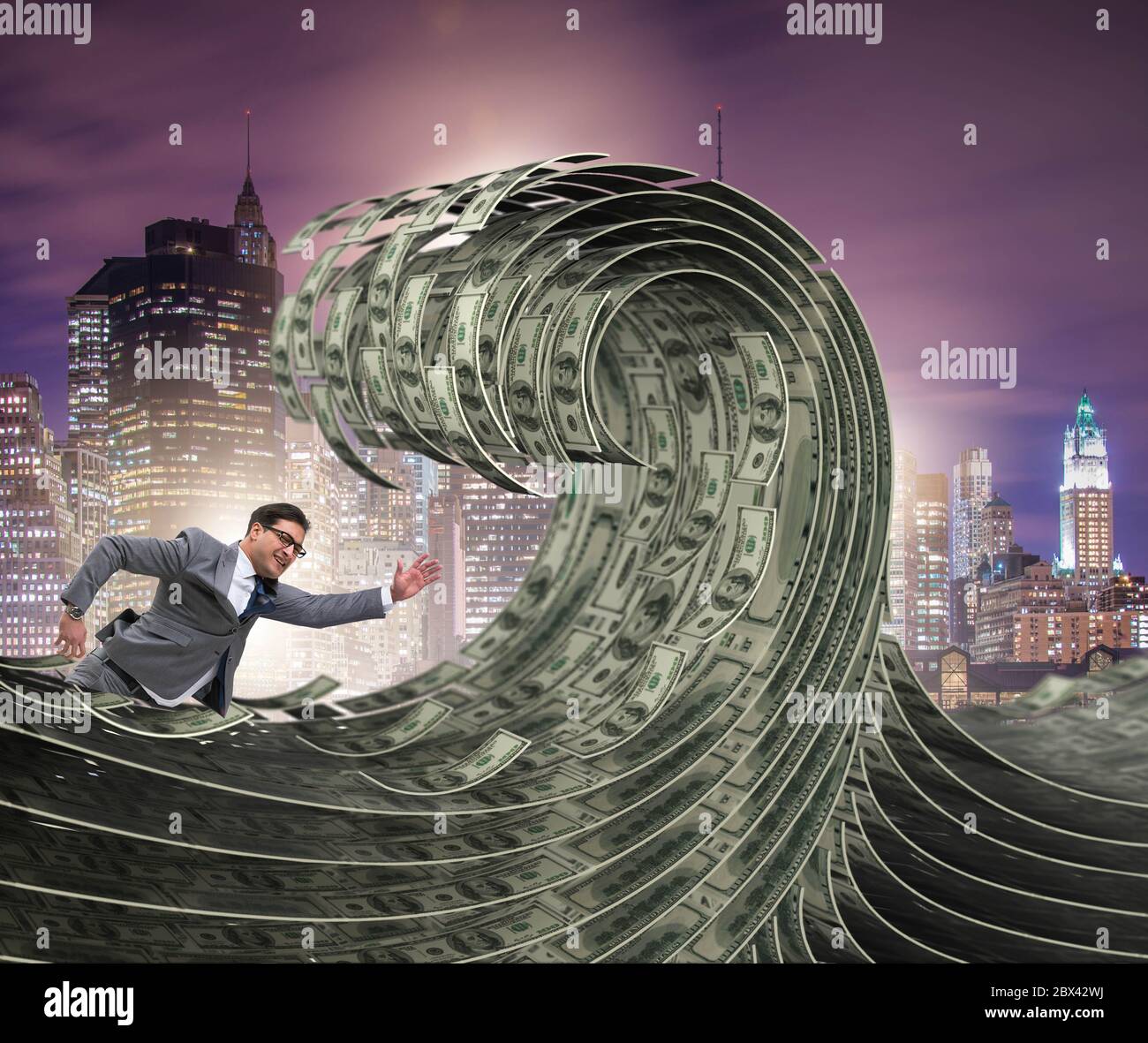 The businessman swimming in the sea of dollar money Stock Photo - Alamy