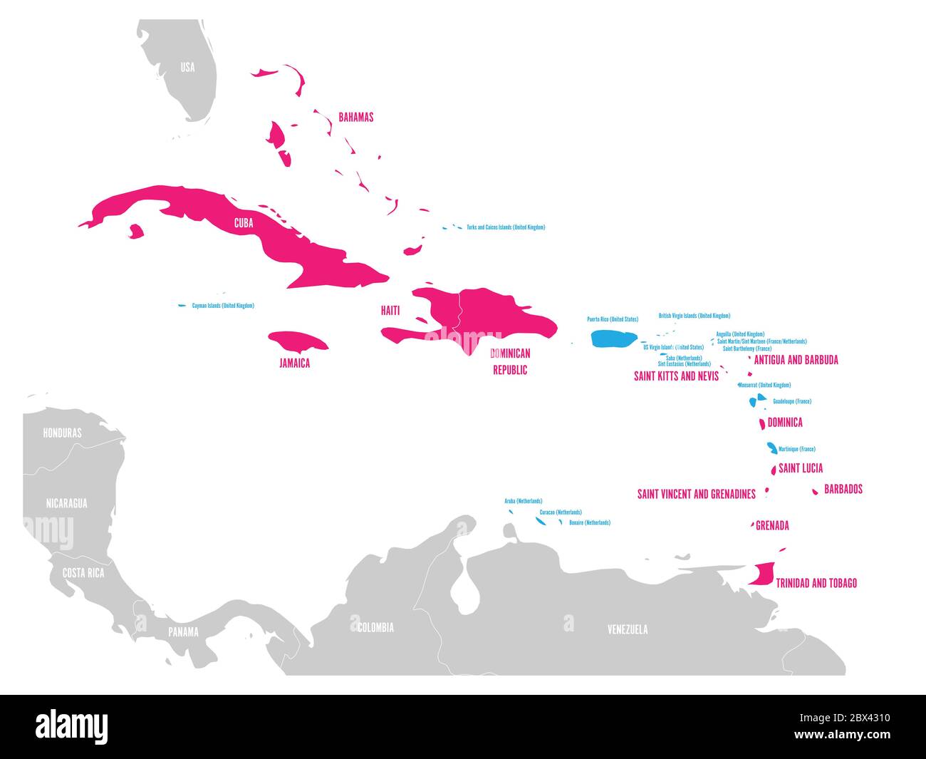 Political map of Carribean. Pink highlighted sovereign states and blue ...