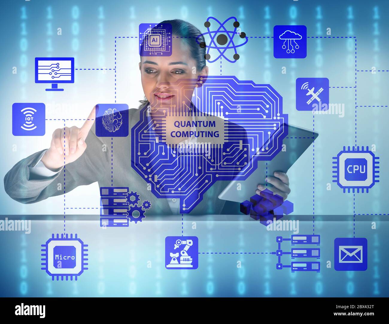 Businesswoman pressing virtual button in quantum computing concept ...