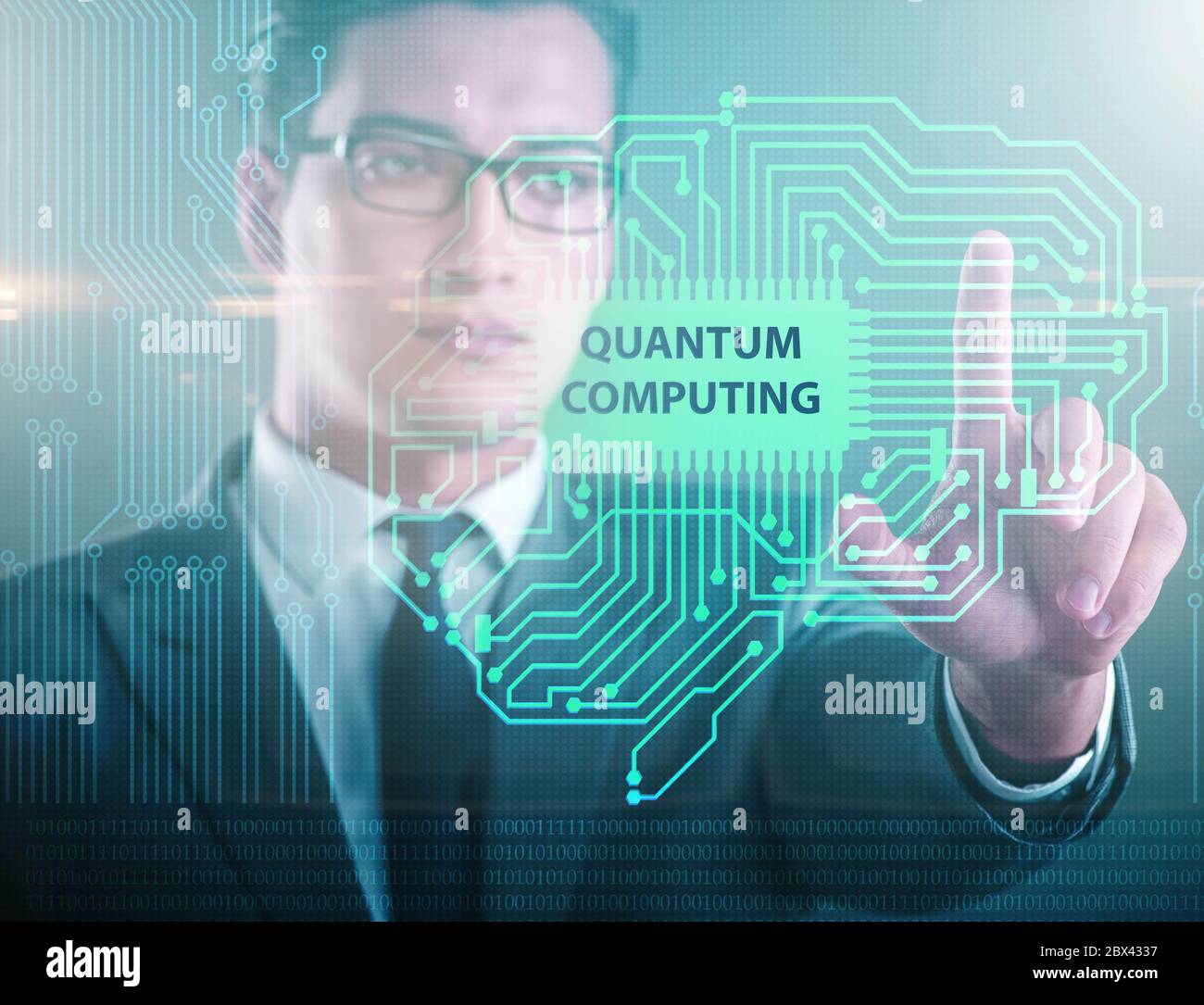 The businessman pressing virtual button in quantum computing concept Stock Photo - Alamy