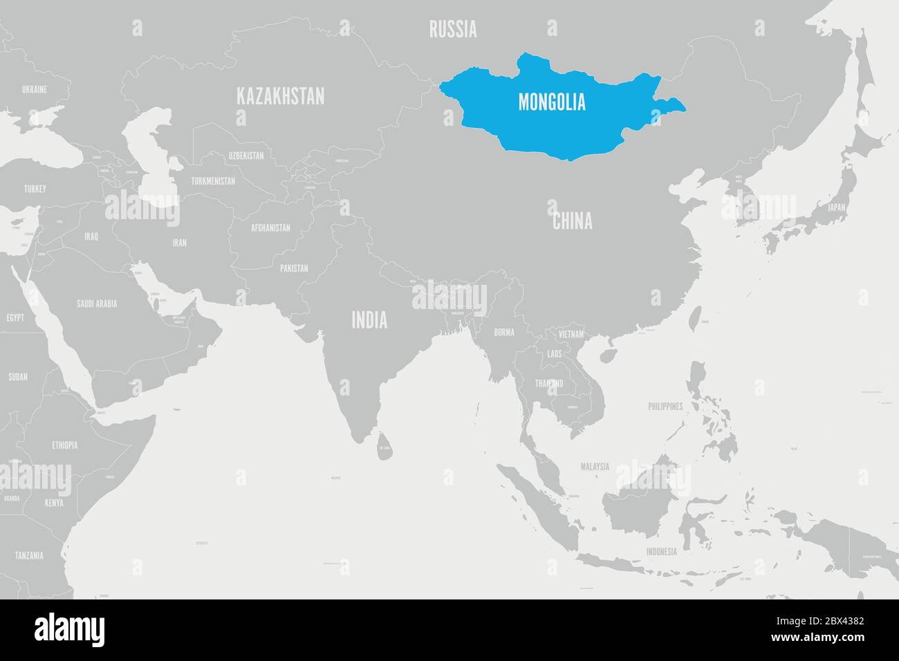Mongolia blue marked in political map of Southern Asia. Vector ...