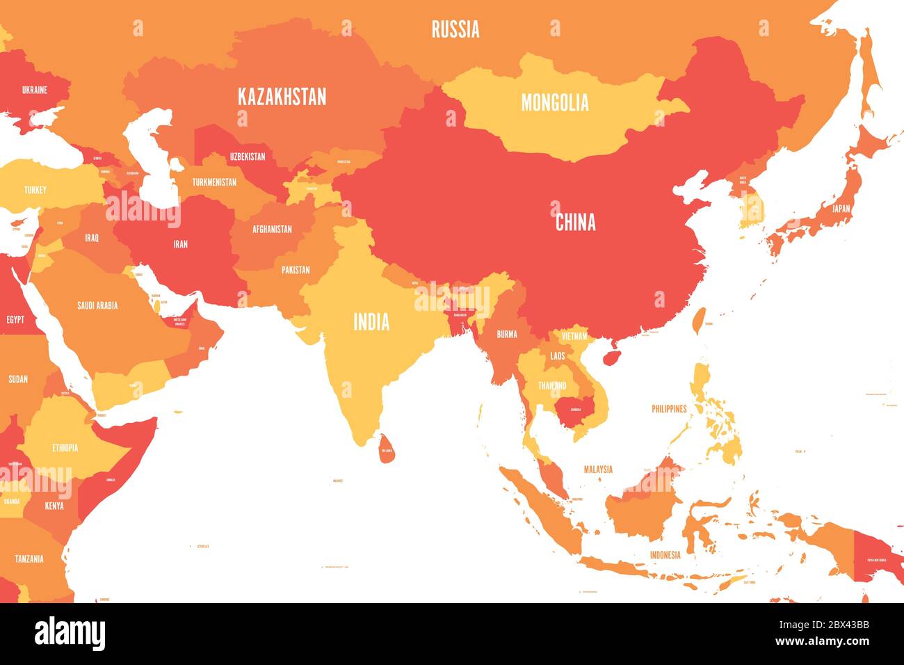 Political map of western, southern and eastern Asia in shades of orange ...