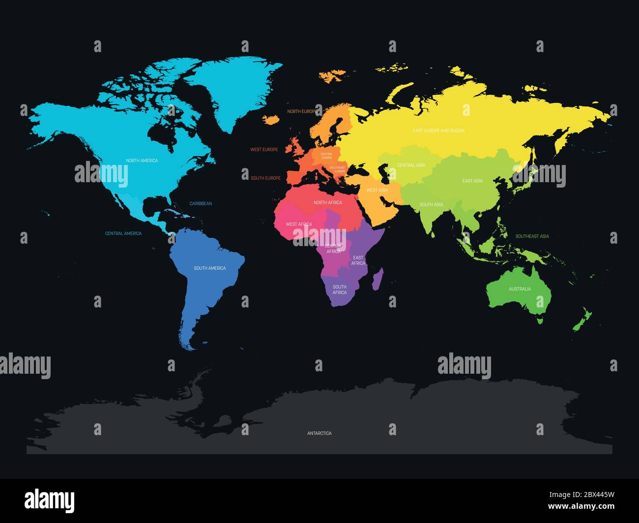 Colorful map of World divided into regions on dark grey background ...