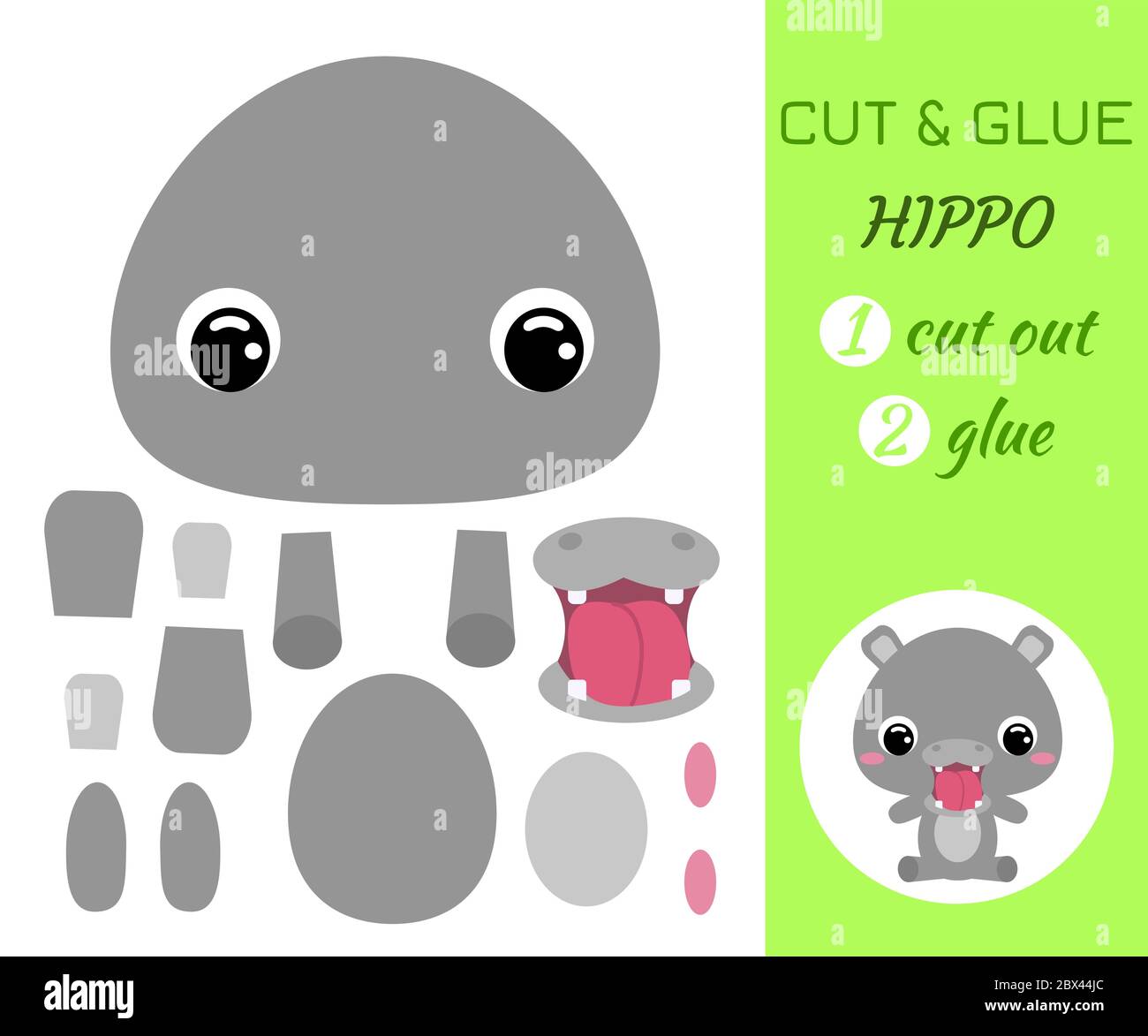 Cut and glue baby sitting hippo. Color paper application game ...