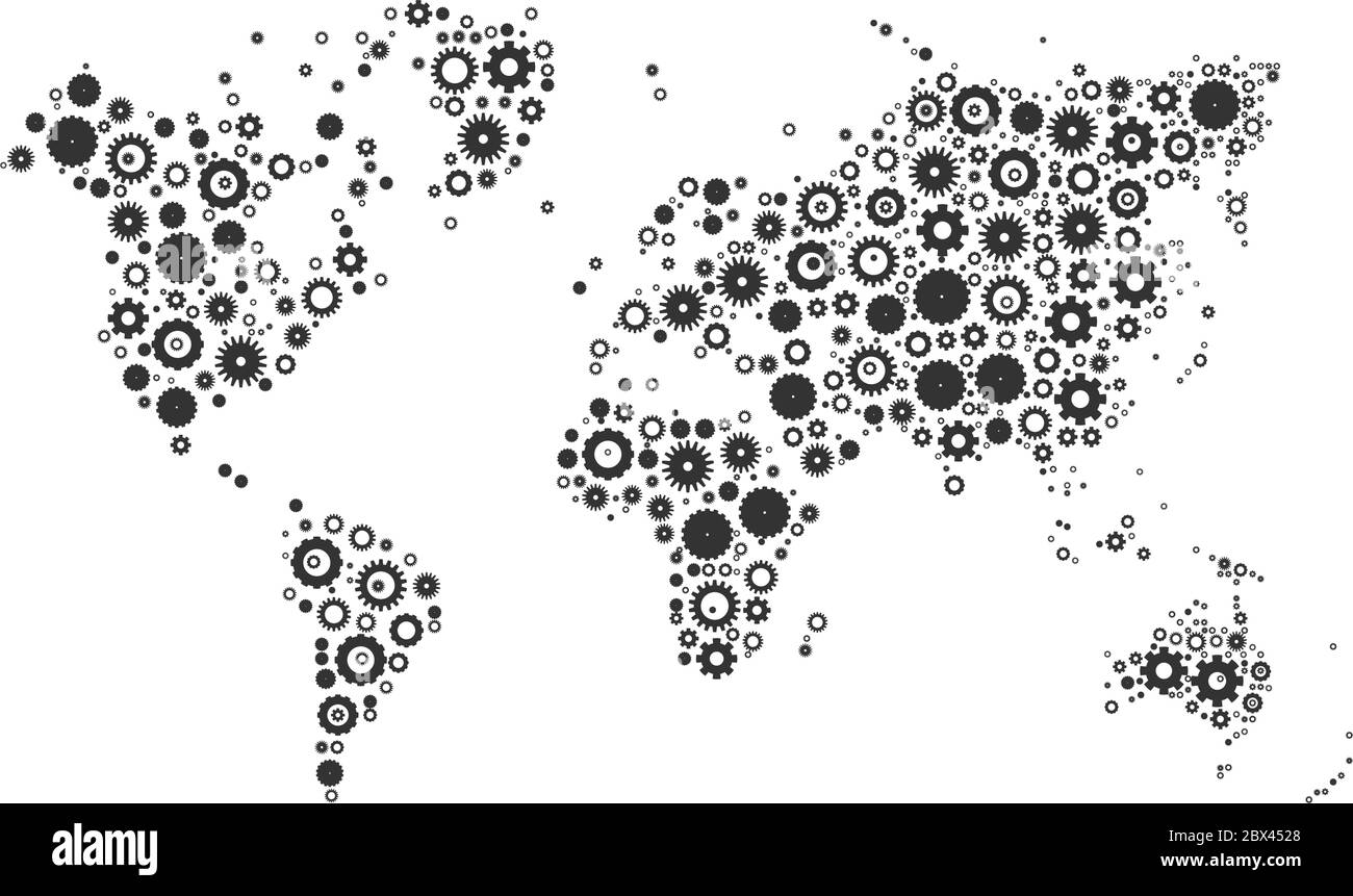 World map mosaic of grey cog wheels on white background. Industrial ...