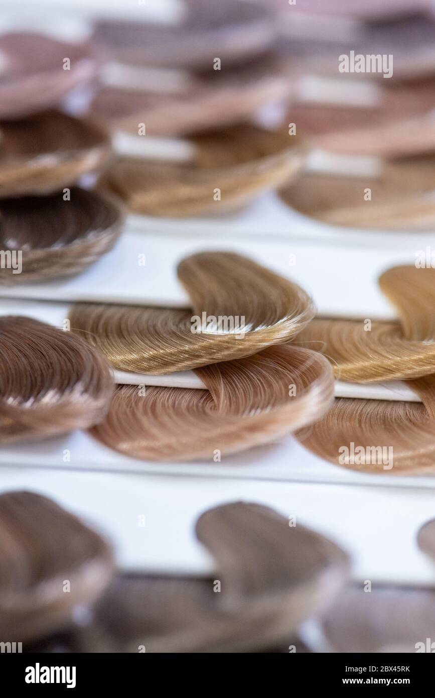 Hair color chart. Palette of dyed bright shiny hair samples. Catalog ...