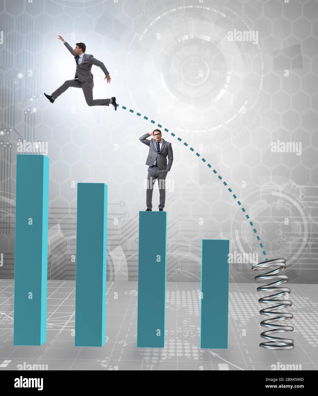 The businessman outperforming his competition jumping over Stock Photo ...