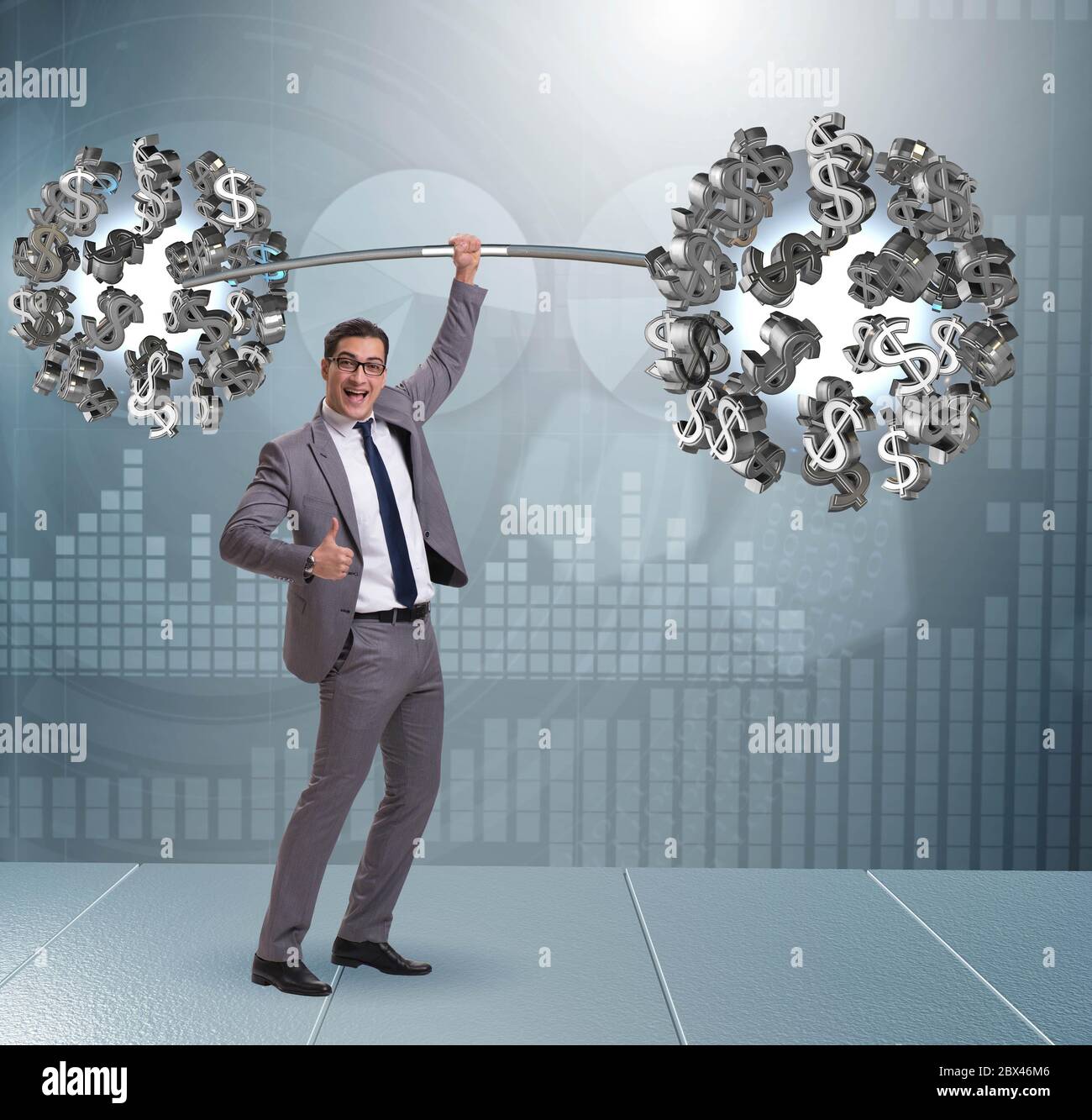 The businessman lifting barbell with dollars Stock Photo - Alamy