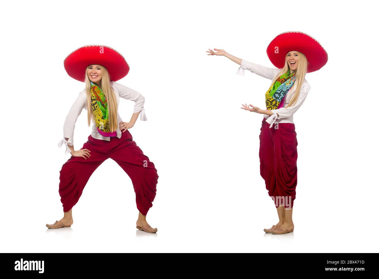 The mexican girl with sombrero dancing on white Stock Photo - Alamy