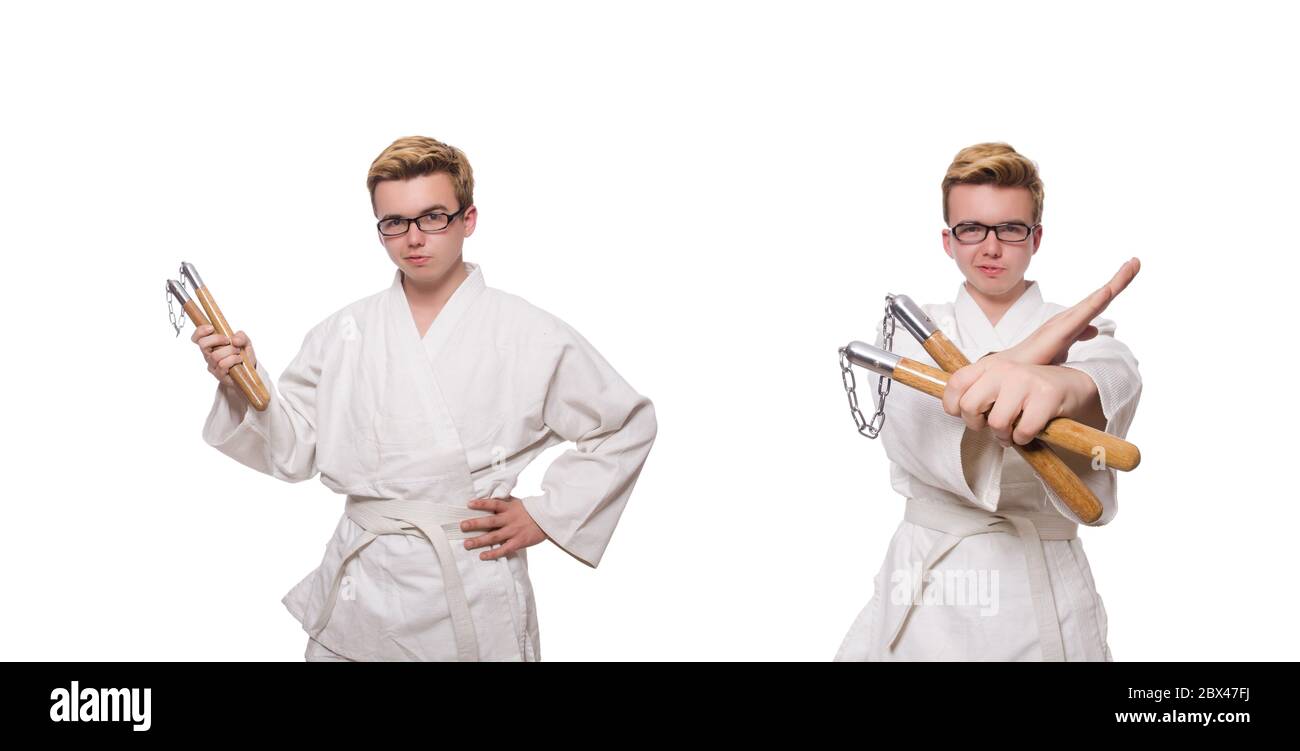 The funny karate fighter with nunchucks on white Stock Photo - Alamy