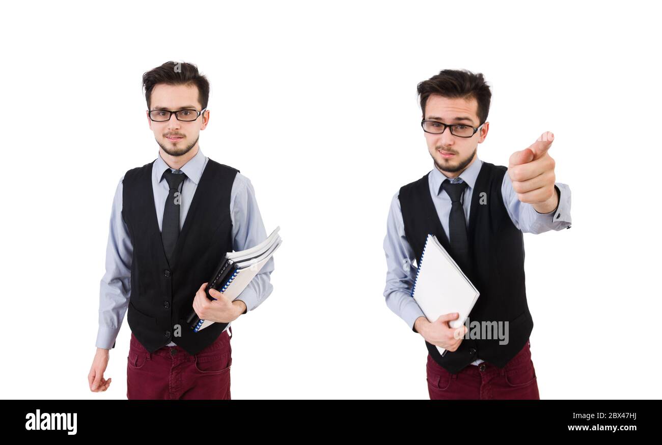 The office employee holding paper isolated on white Stock Photo - Alamy
