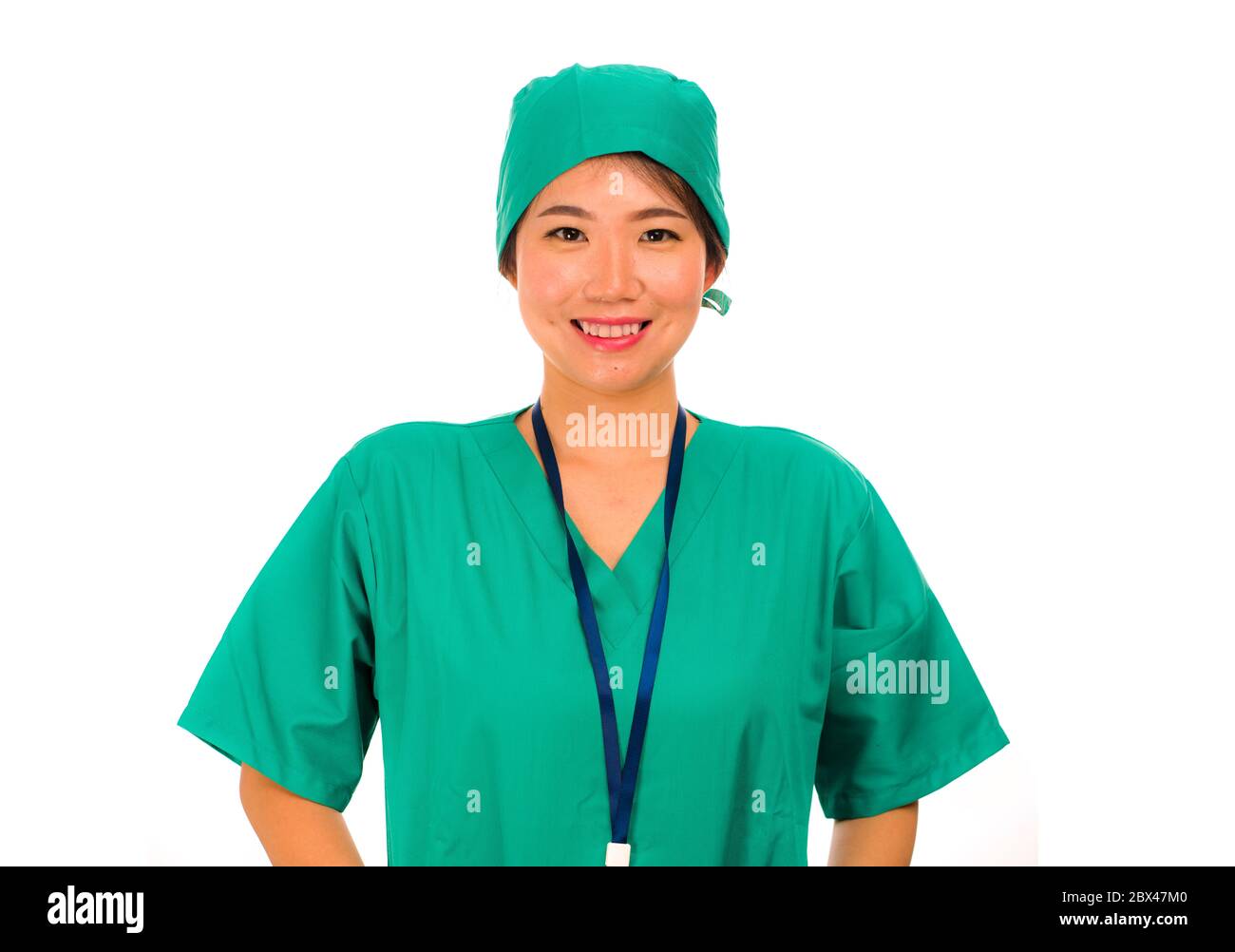 isolated portrait of young beautiful and happy Asian Korean medicine ...