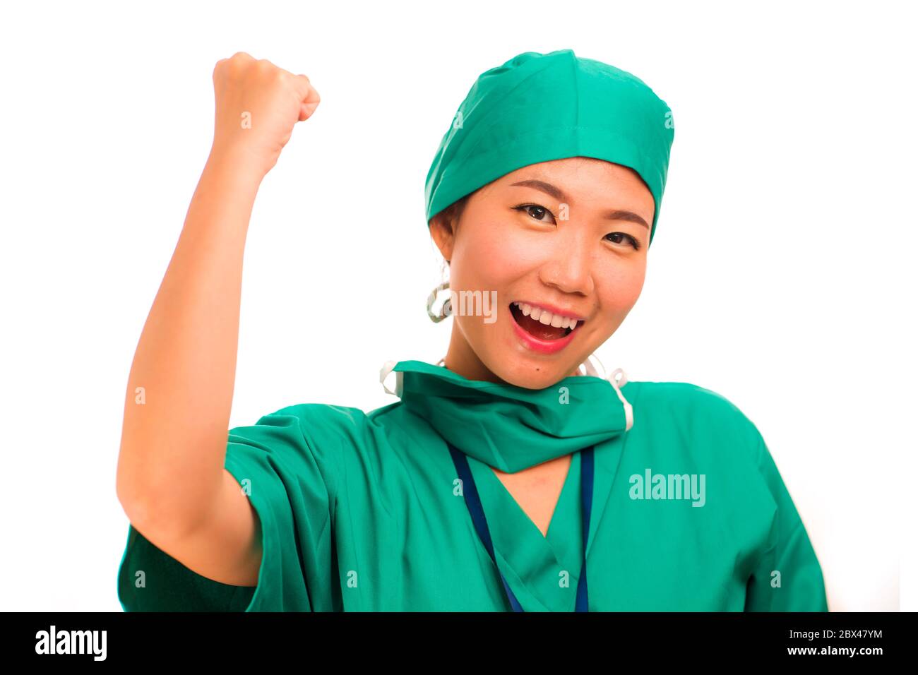 Asian Korean woman as excited physician - young beautiful and happy ...