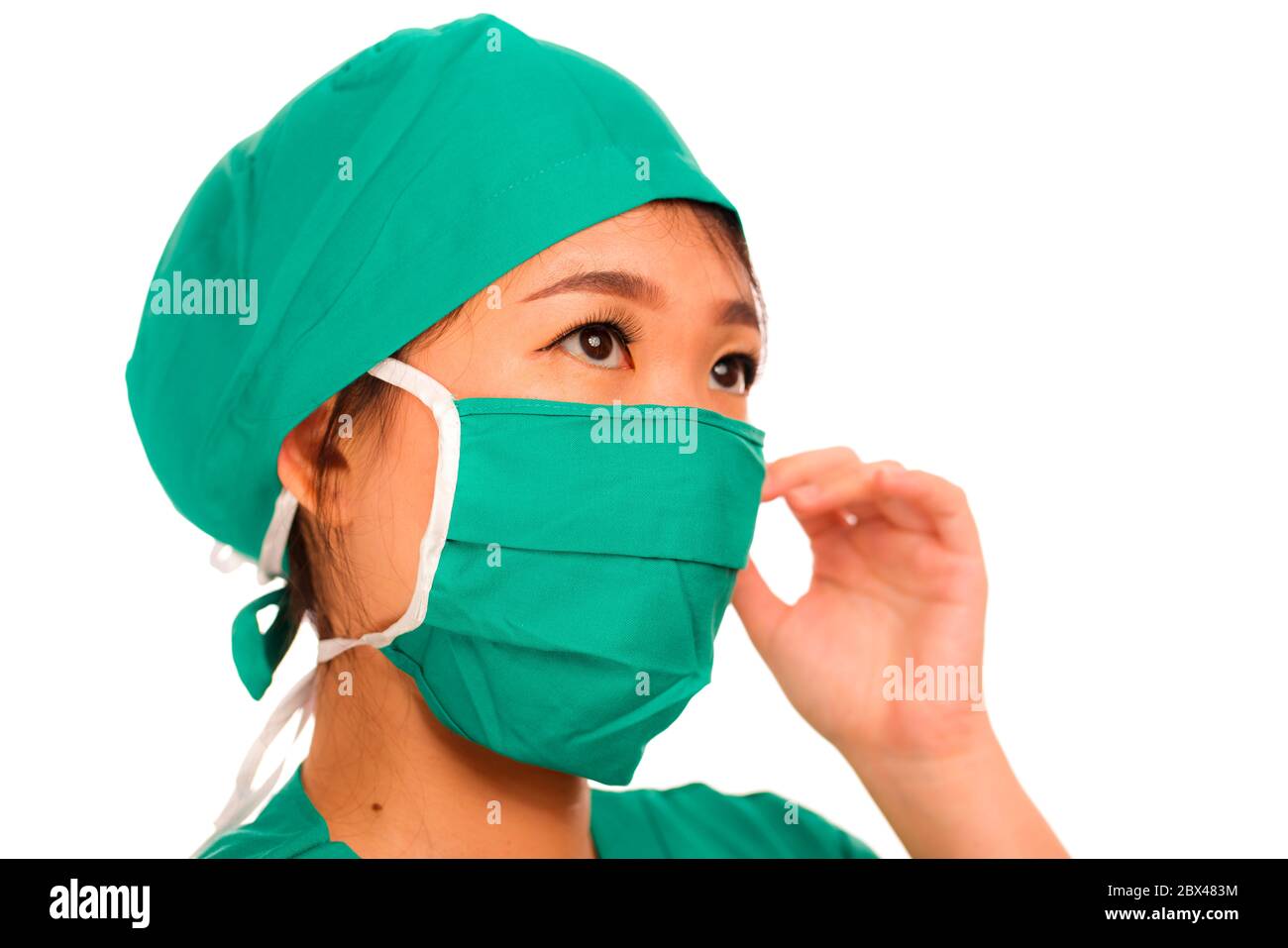 isolated portrait of young beautiful and serious Asian Korean medicine ...