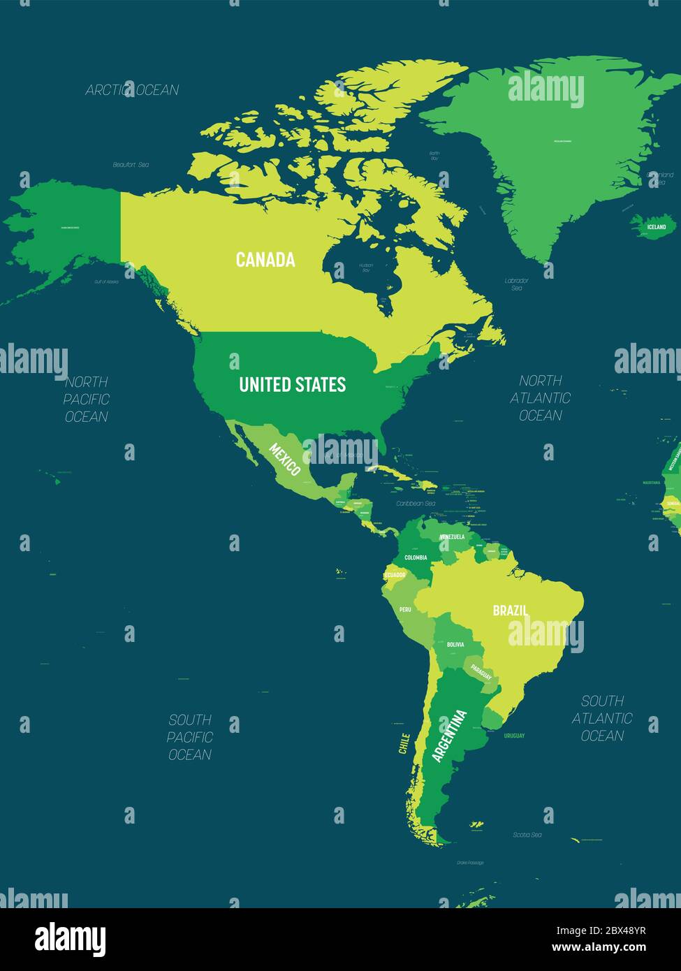 Americas map - green hue colored on dark background. High detailed ...