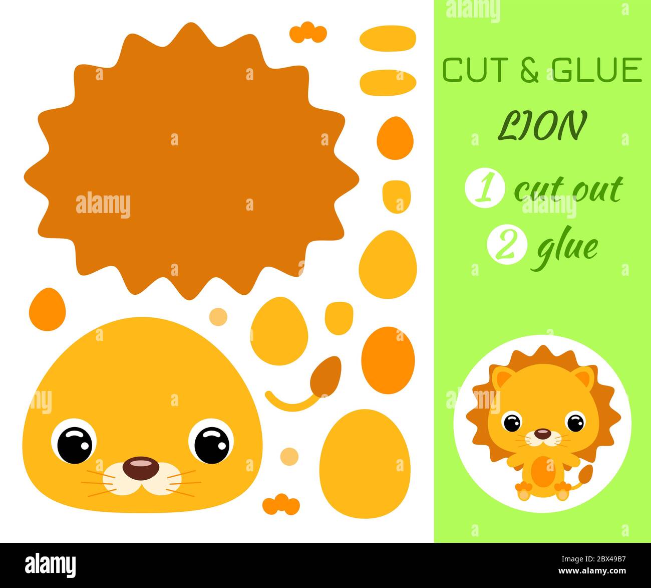 Cut and glue baby sitting lion. Color paper application game ...