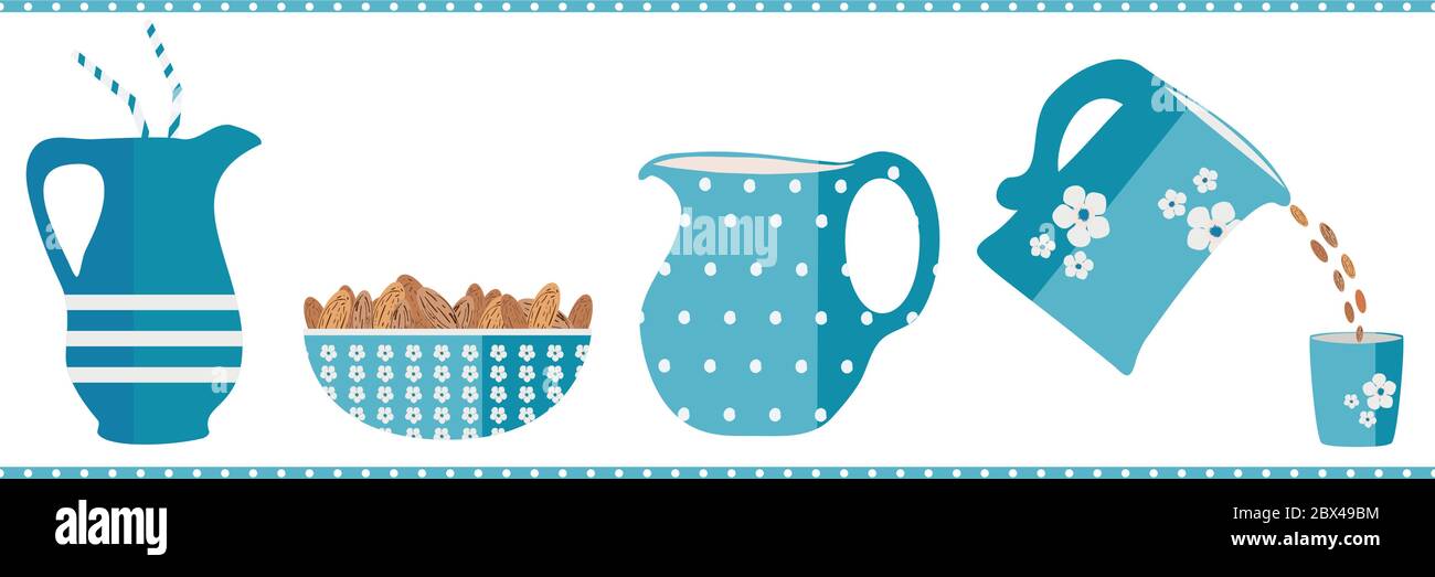 Almond milk vector seamless border. Banner of pretty blue bowls and ...